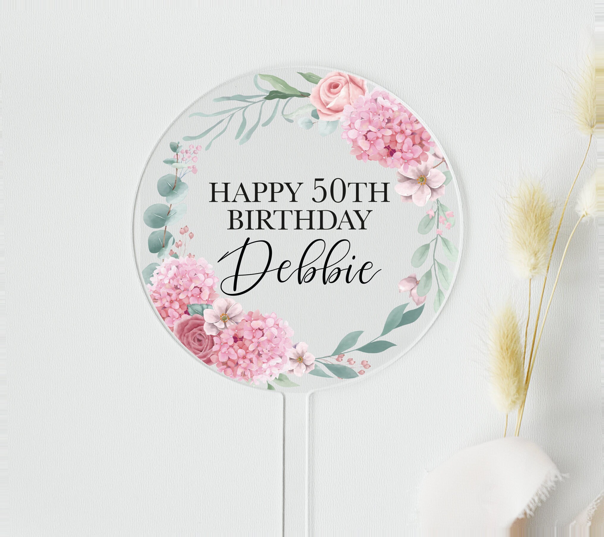 Pink Floral Themed Birthday Acrylic Cake Topper Personalised - Etsy UK