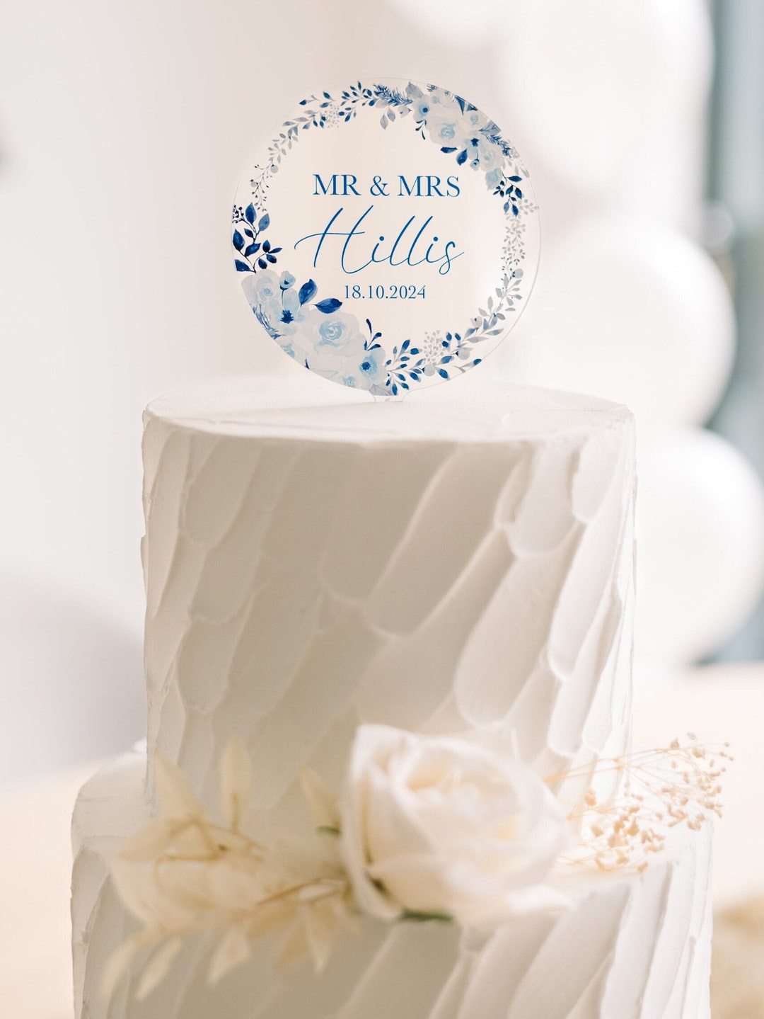 Dusky Blue Rose Wedding Acrylic Cake Topper | Personalised Wedding Cake ...