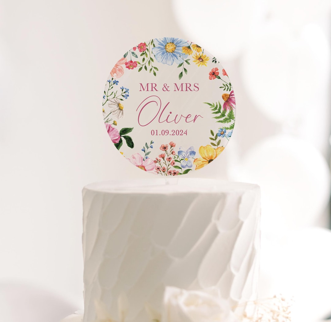 Wildflower Wedding Acrylic Cake Topper | Personalised Cake Topper - Etsy