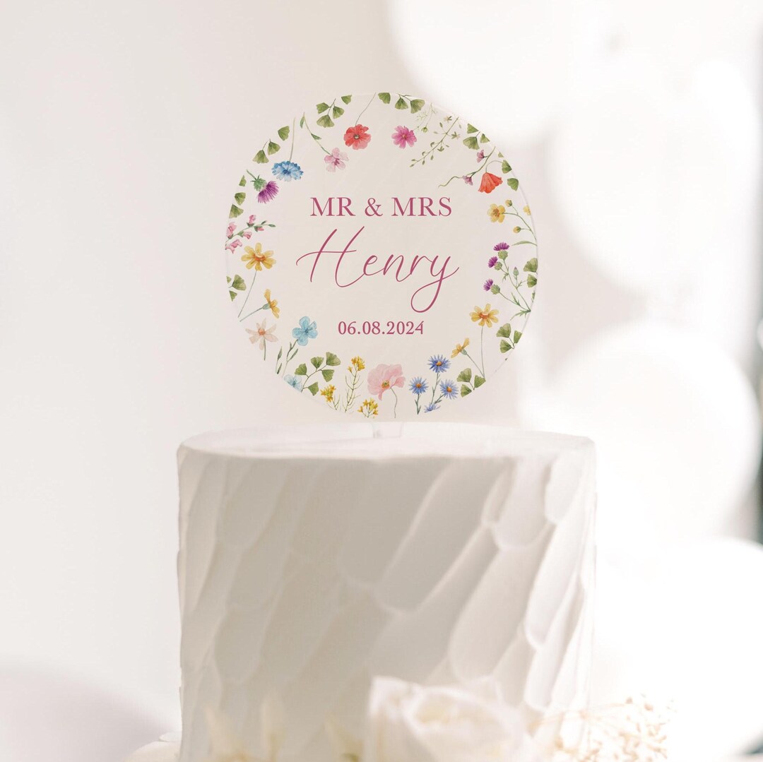 Wildflower Wedding Acrylic Cake Topper | Personalised Cake Topper - Etsy