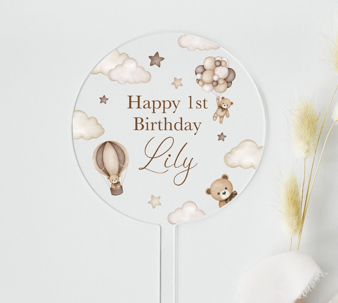 Neutral Teddy Bear Acrylic Cake Topper Personalised Birthday Cake ...
