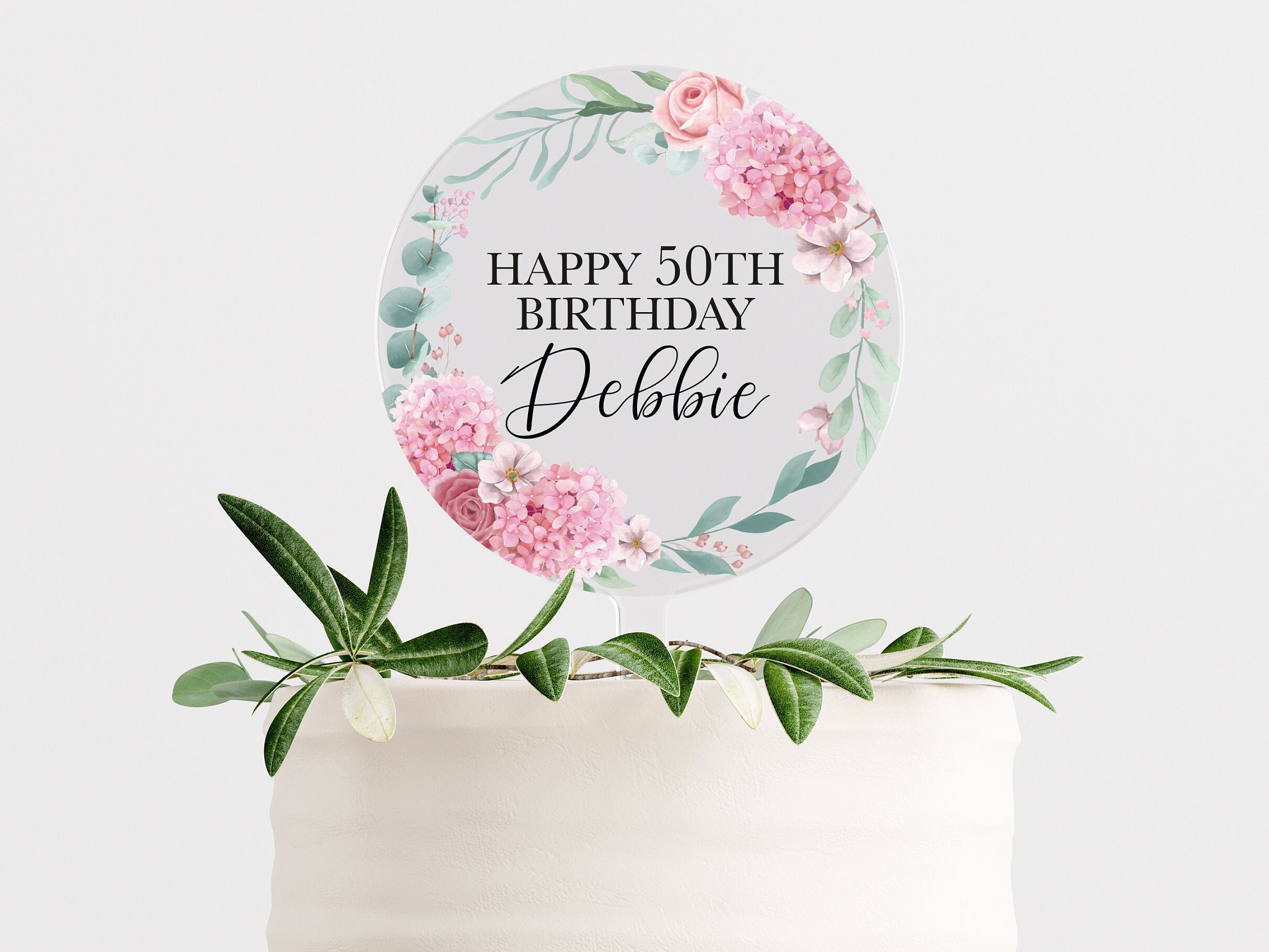 Pink Floral Themed Birthday Acrylic Cake Topper Personalised - Etsy UK