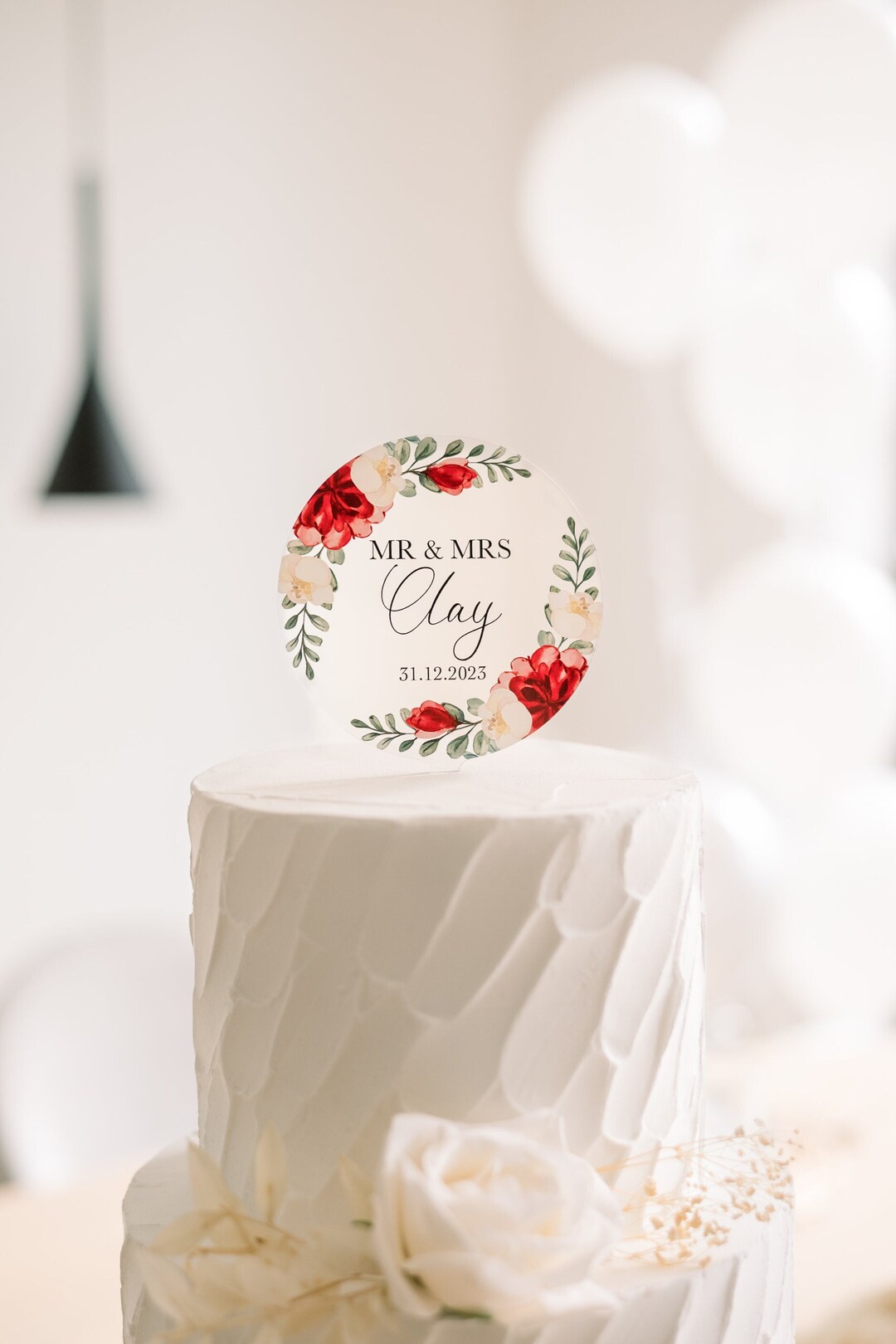 Red Rose Wedding Acrylic Cake Topper | Personalised Wedding Cake Topper ...