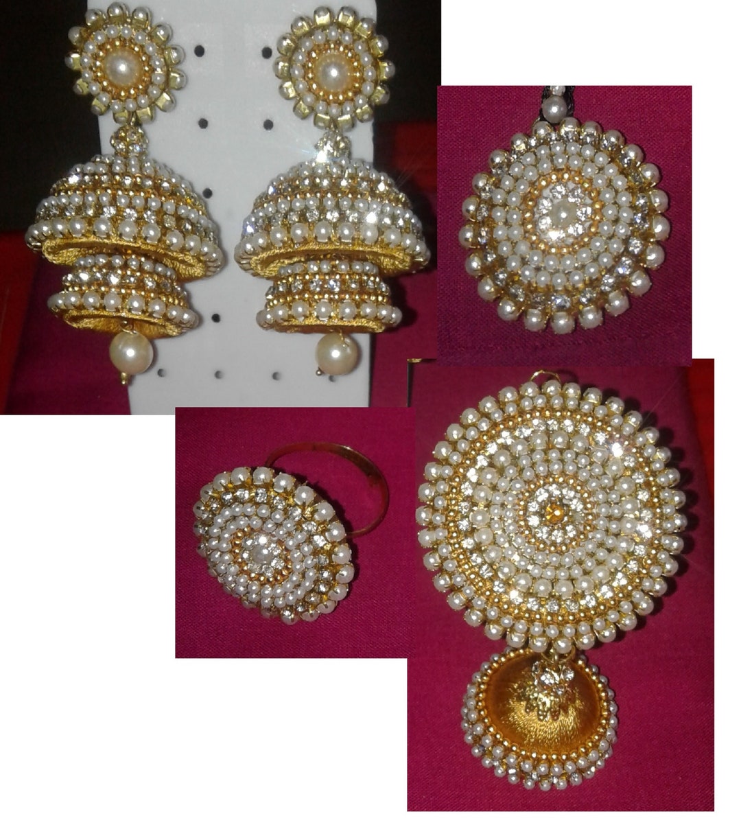 Silk Thread Designer Bridal Pearl Set hair Brooch ,double Jhumki, Ring , Maang Tikka/bridal Set ...