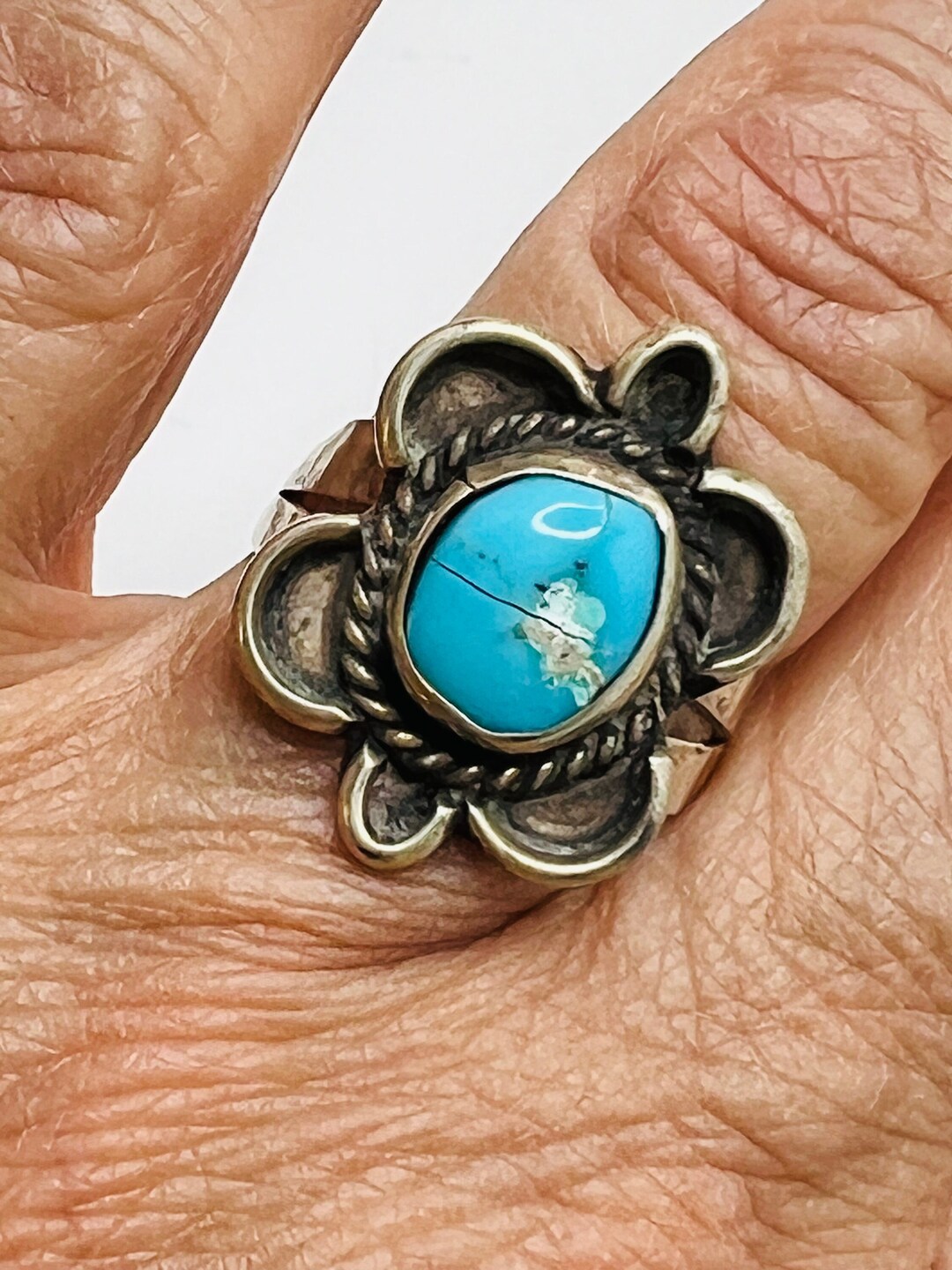 Vintage Sterling Silver Turquoise Squash Blossom Ring - Etsy