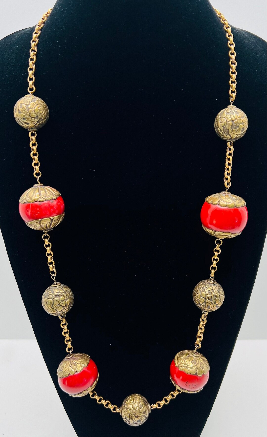 Large Tebetan Brass Repousse Red Copal Beaded Necklace - Etsy