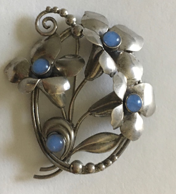 Vintage Sterling Floral Lily Moonstone Spray Pin - Gem