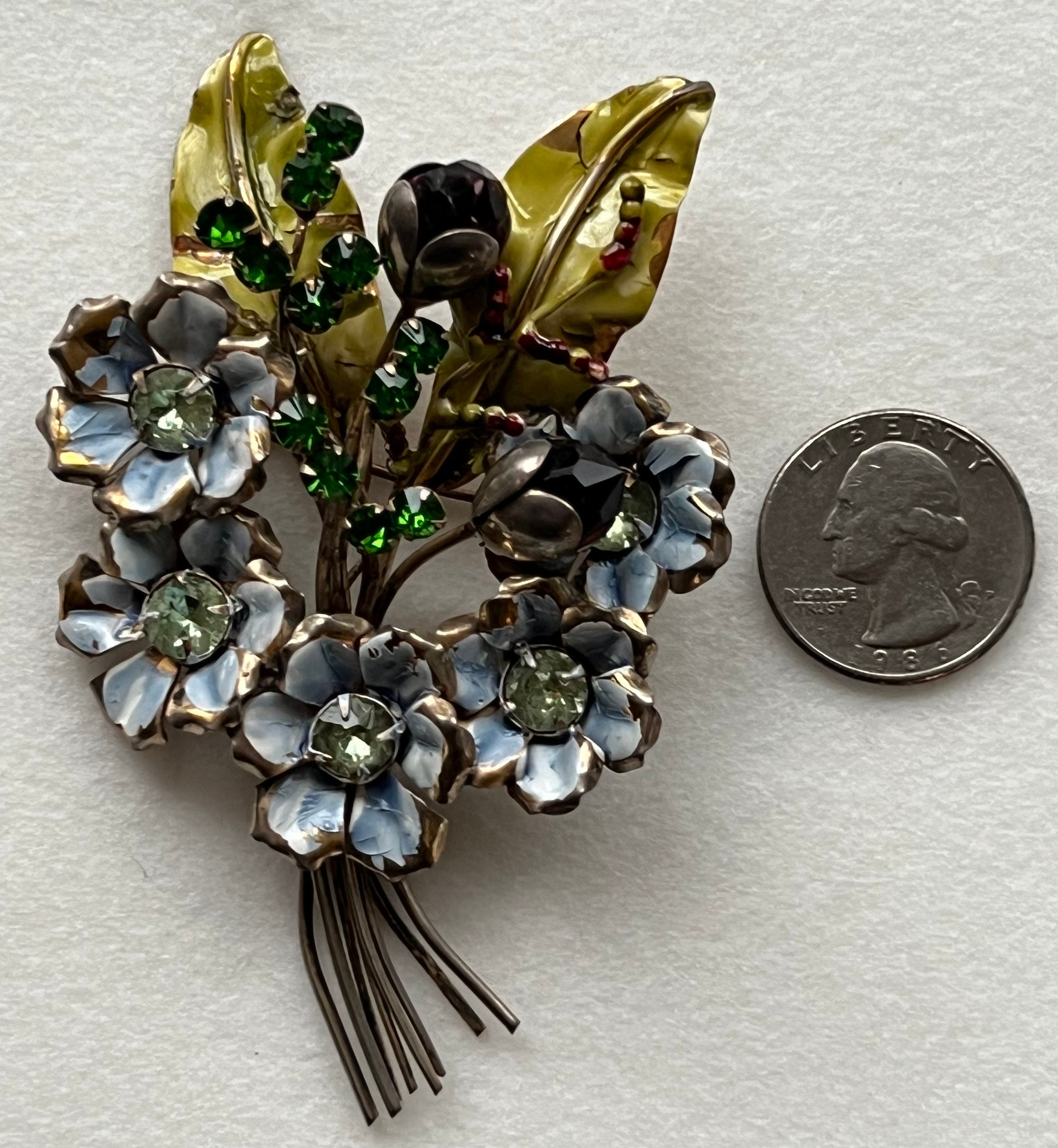 Vintage Signed Sandor Flowering Enamel & Rhinestone Pin Brooch - Etsy