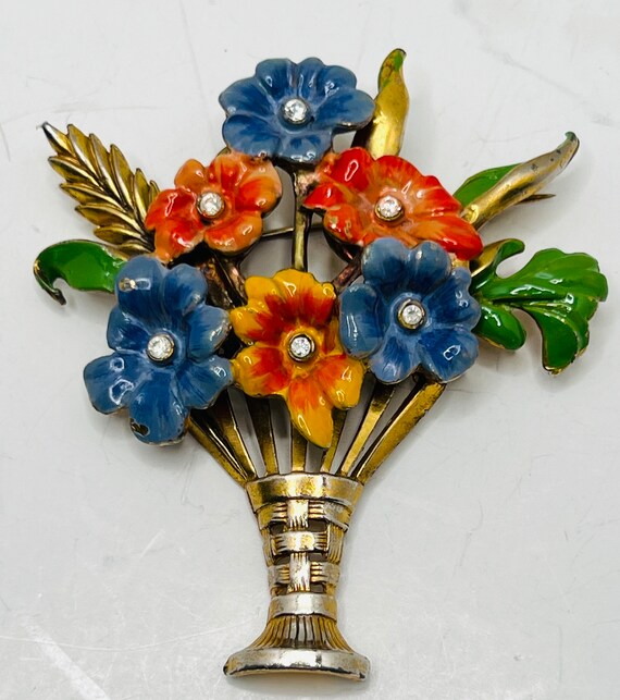 Unsigned Mazer Enamel Flowers Floral Spray Pin - Gem