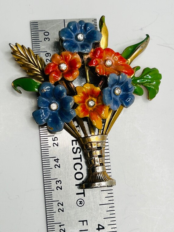 Unsigned Mazer Enamel Flowers Floral Spray Pin - Gem