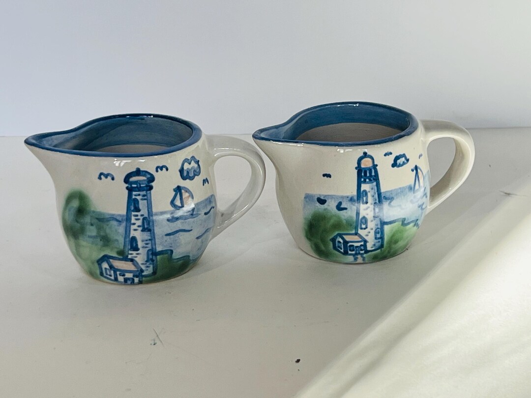 Vintage Signed M,a.hadley Pottery Small Pitchers Lighthouse Series a ...
