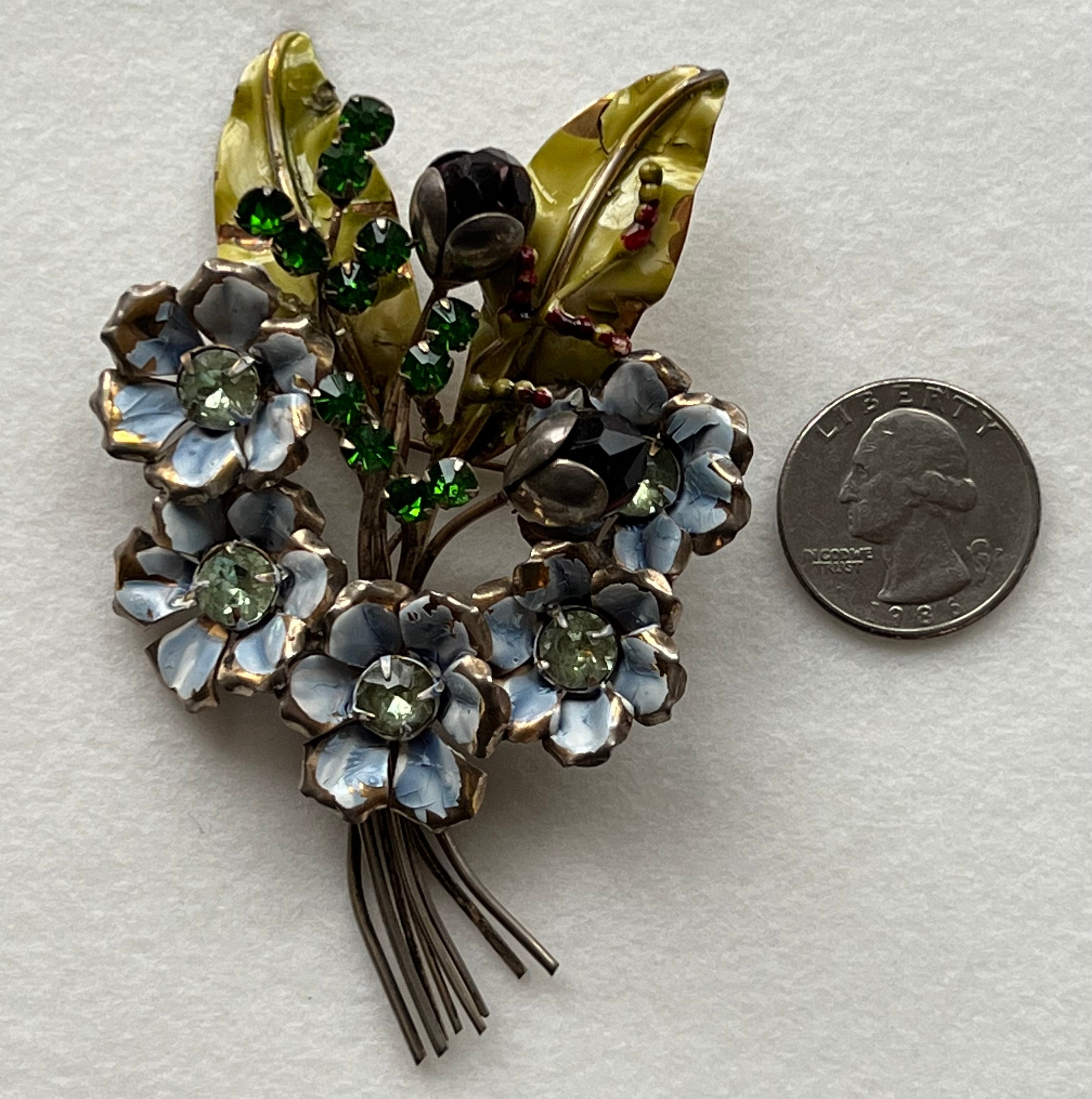 Vintage Signed Sandor Flowering Enamel & Rhinestone Pin Brooch - Etsy
