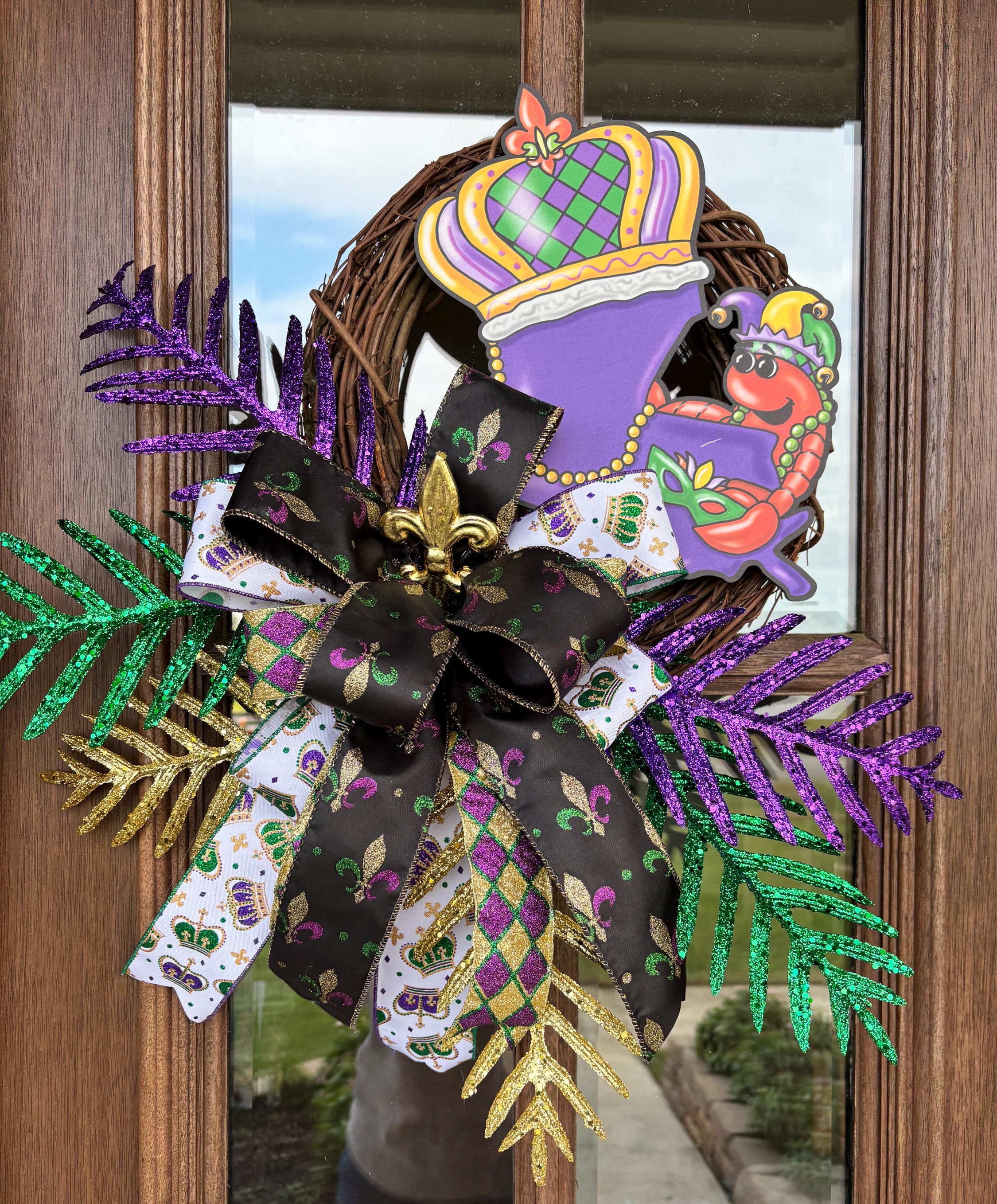 Purple Green and Gold Mardi Gras Door Decor, Jeweled Ribbon, Grapevine ...