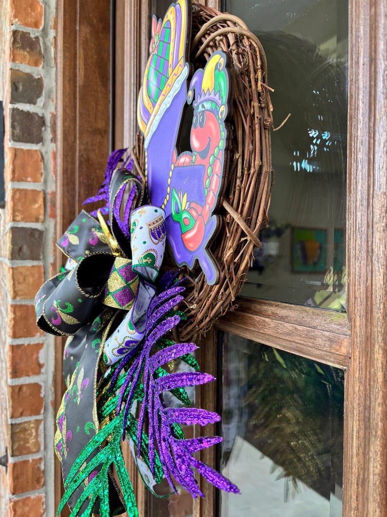 Purple Green and Gold Mardi Gras Door Decor, Jeweled Ribbon, Grapevine ...