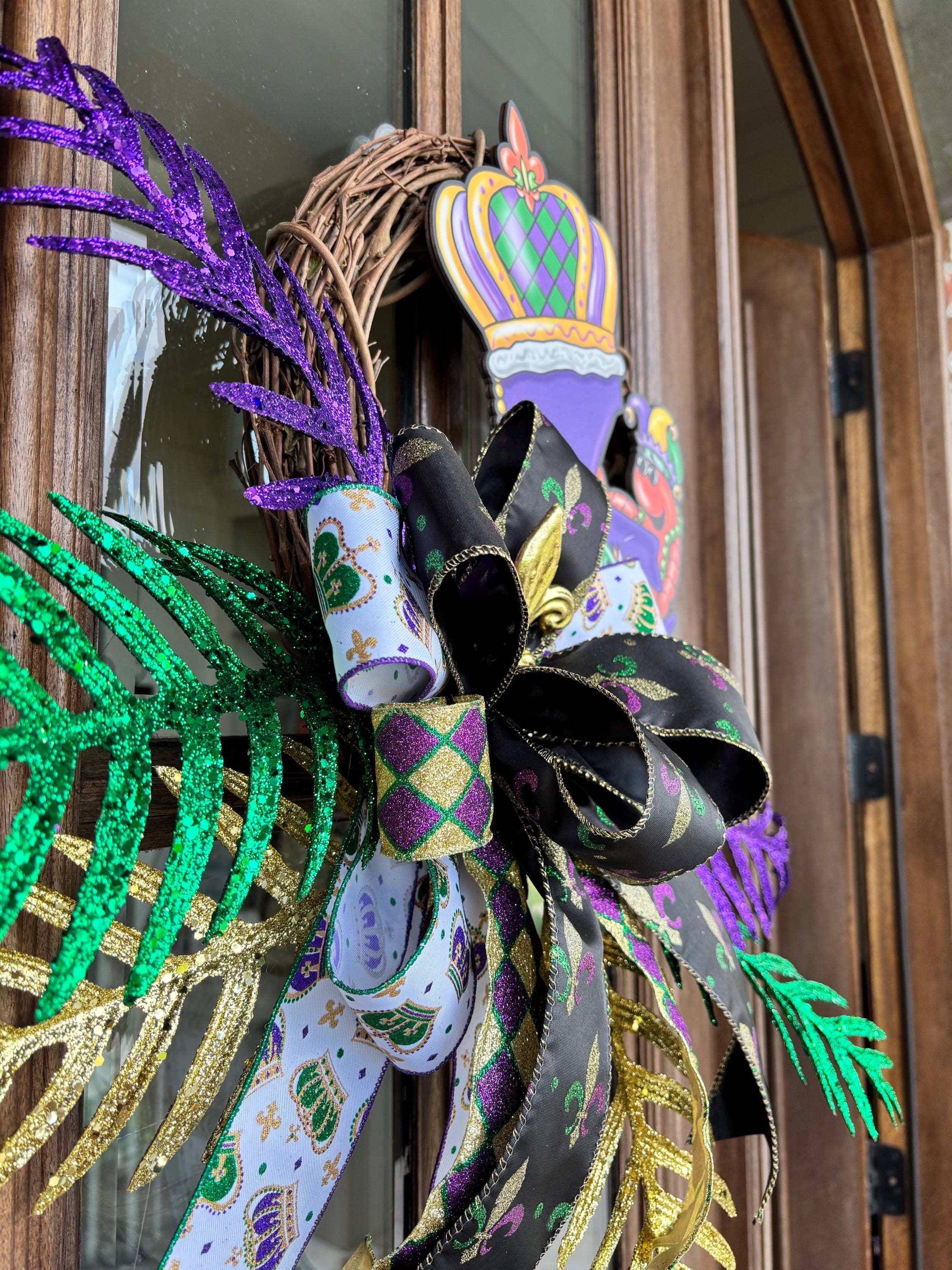 Purple Green and Gold Mardi Gras Door Decor, Jeweled Ribbon, Grapevine ...