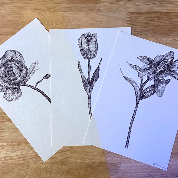 Original pen drawing Trio of flowers | Etsy