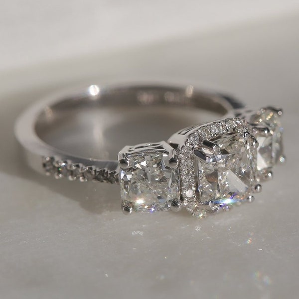 Lab Created 3 Stone Halo Rings - Etsy