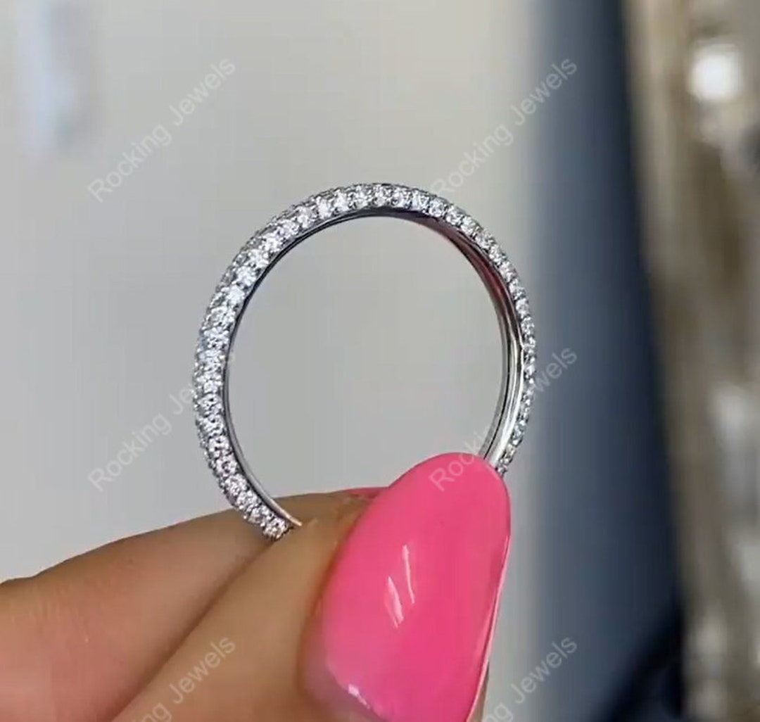 3 Row Micro Pave Set Wedding Band, Micro Pave Moissanite Full Eternity ...