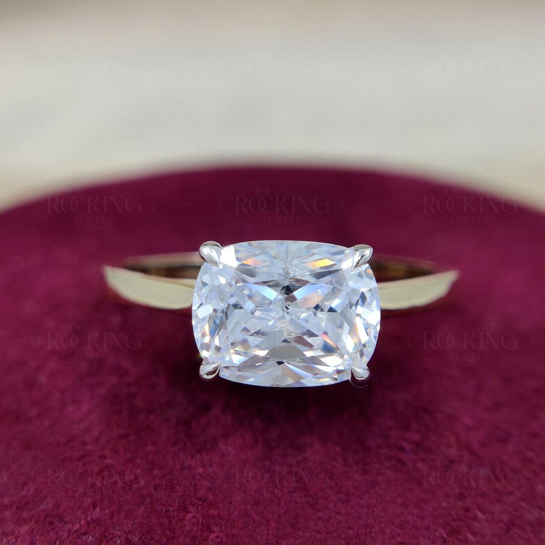 East West Cushion Cut Solitaire Engagement Ring, Sideways Moissanite ...