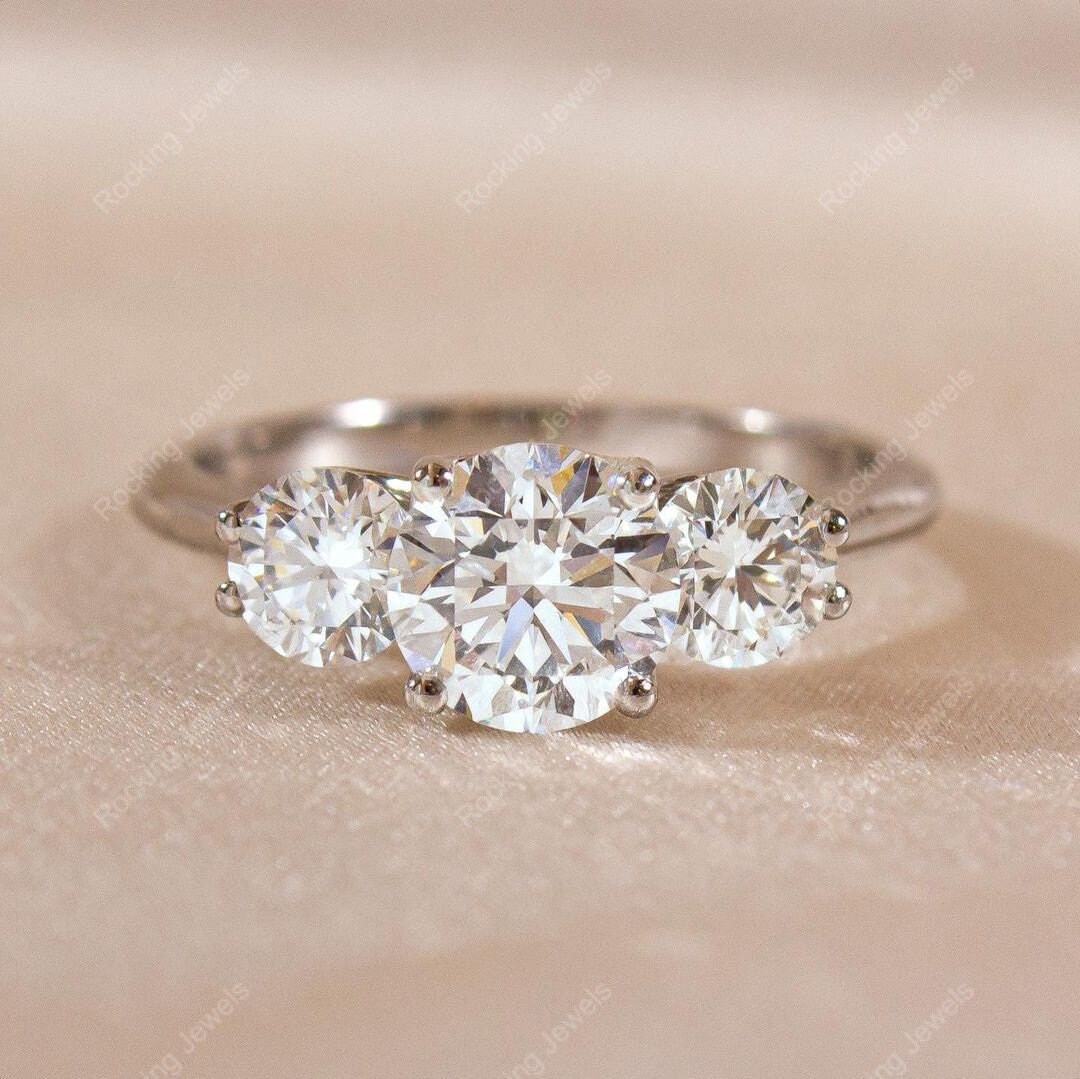 Tulip Setting Round Cut Engagement Ring, Three Stone Moissanite Ring ...