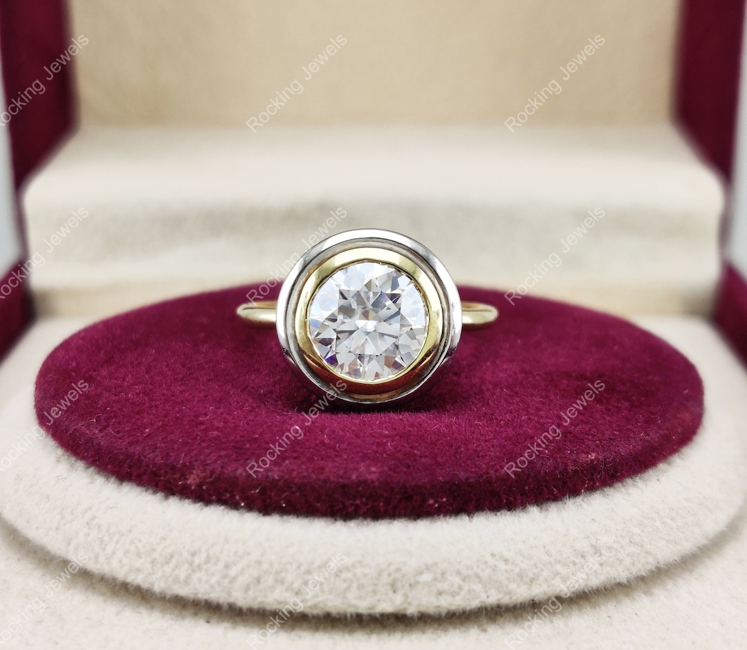 Two Tone Solitaire Ring, Bezel Set Solitaire Ring, 10k/14k Solid Gold ...