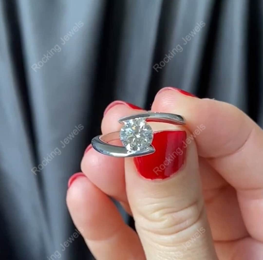 Tension Set Moissanite Ring, Bypass Solitaire Engagement Ring, Swirl ...
