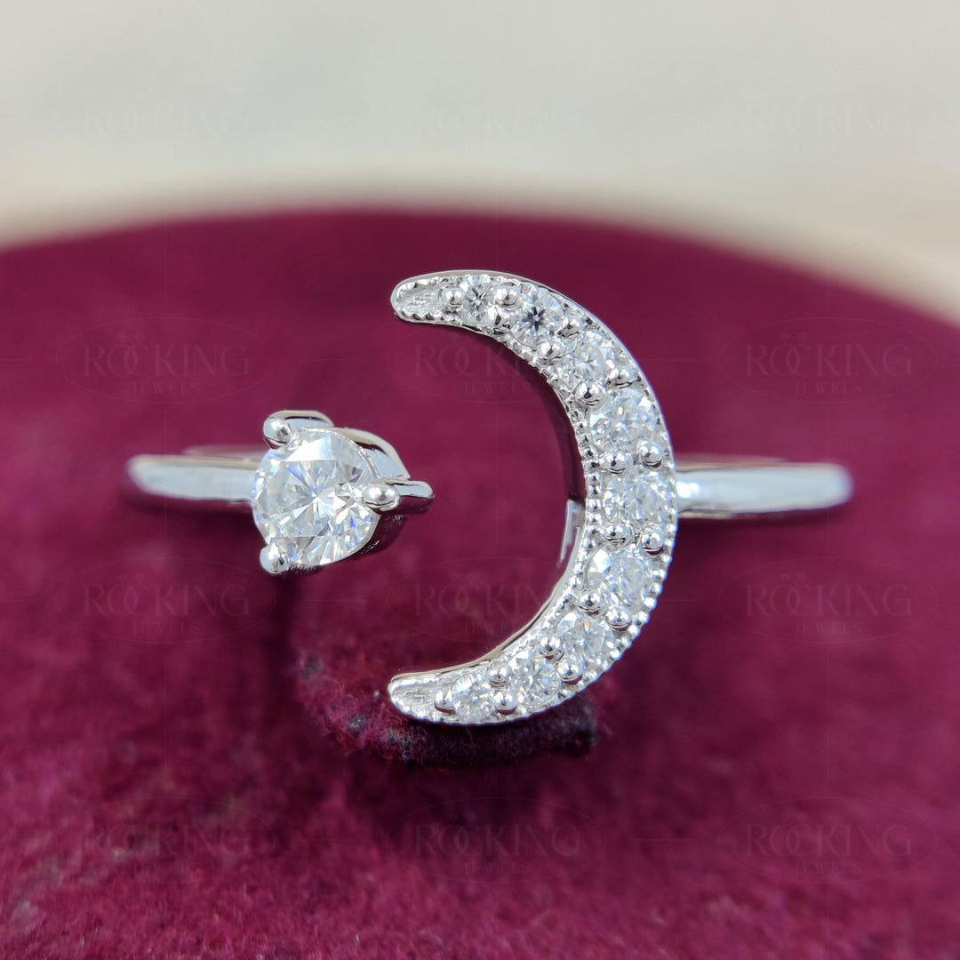 Celestial Crescent Moon Stackable Rings, Moissanite Open Cuff Moon Ring, Open Statement Ring for ...