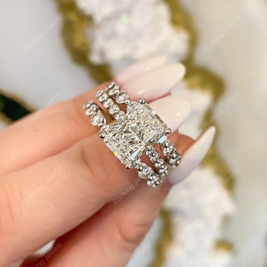 3 Piece Wedding Ring Set, Moissanite Radiant Cut Solitaire Engagement ...