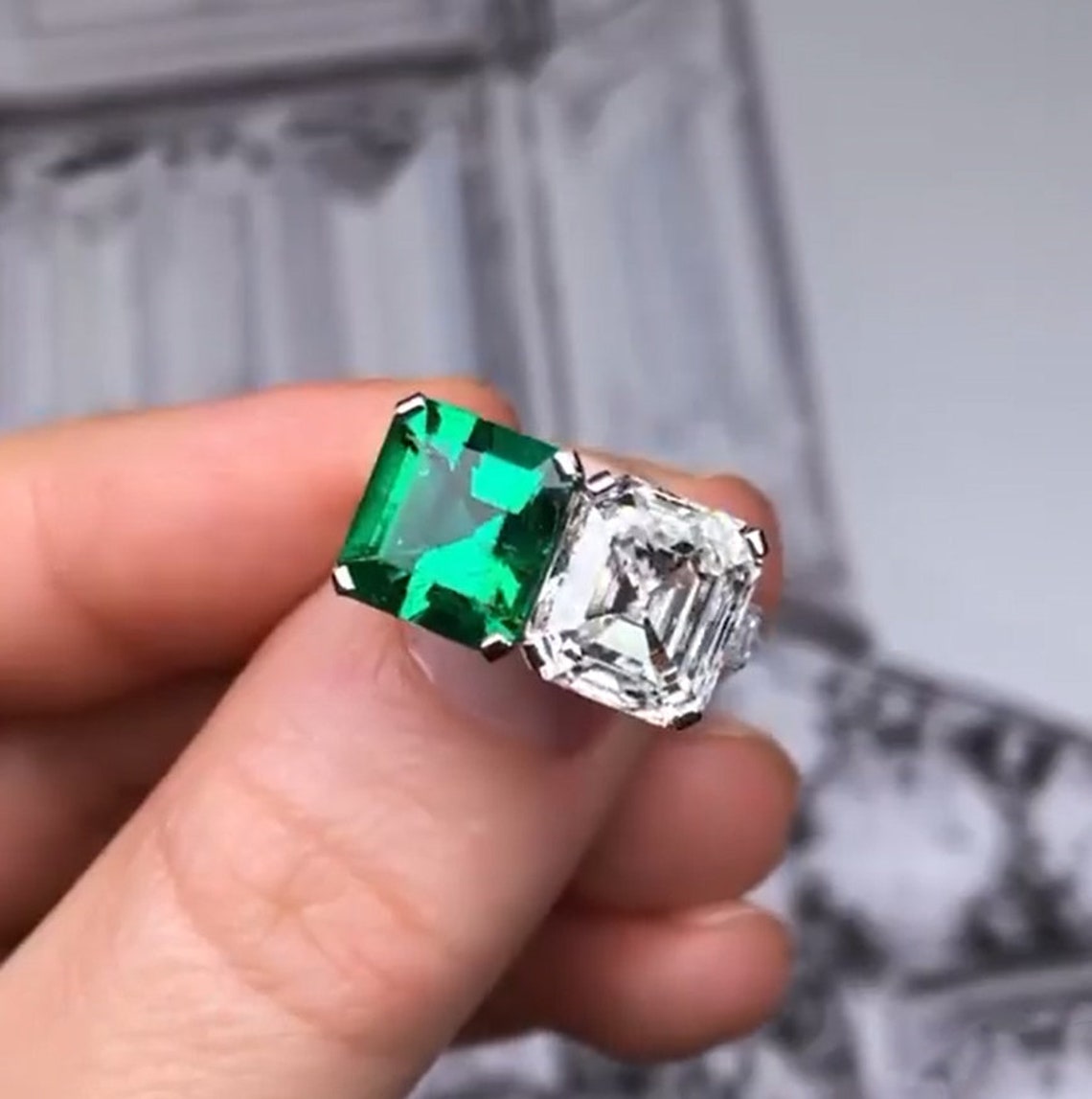 Dual Birthstone Ring Two Stone Art Deco Ring Emerald and - Etsy