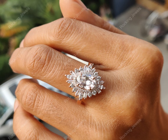 Starburst Vintage Engagement Ring Gold Plated gold Unique Halo Engagement Ring Art Deco Baguette Cut CZ Diamond Bridal Anniversary Ring Etsy