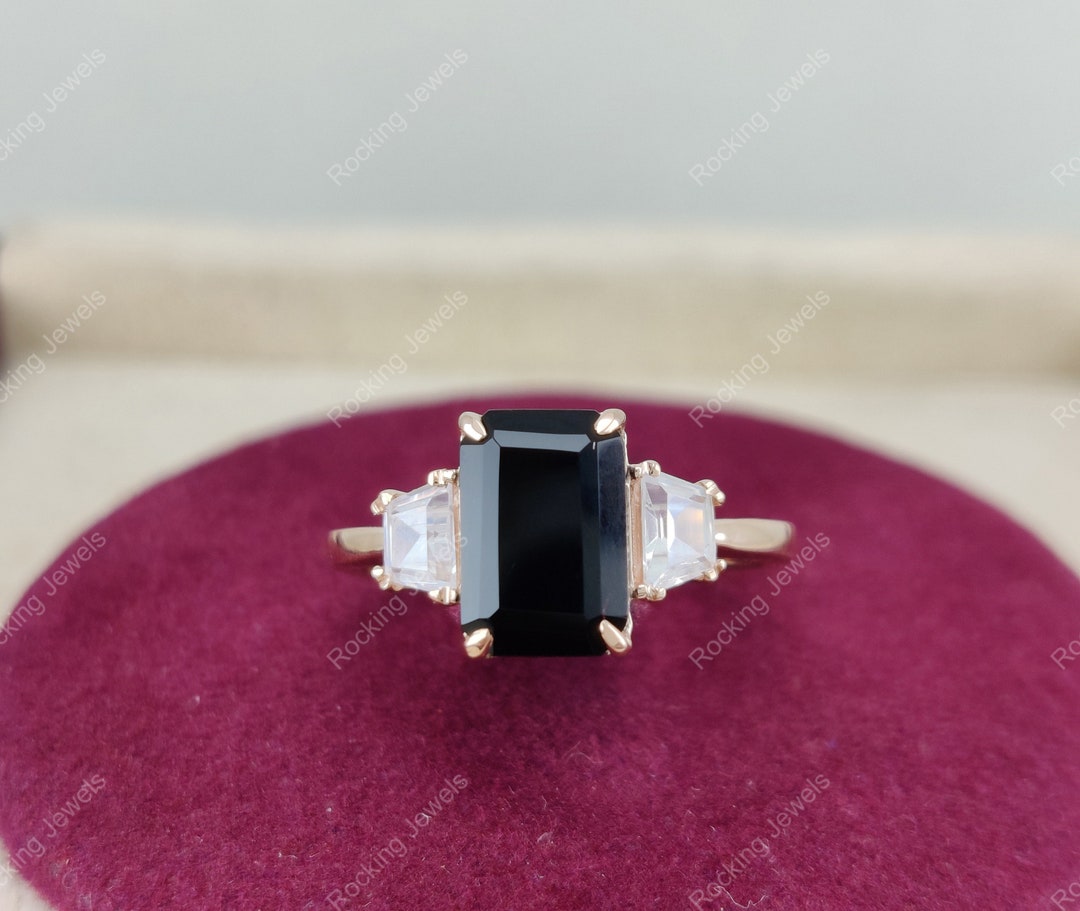 Black Onyx Emerald Cut Ring, Natural Black Diamond Engagement Ring, 3 ...
