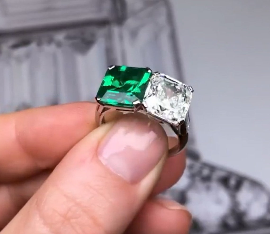 Dual Birthstone Ring Two Stone Art Deco Ring Emerald and - Etsy