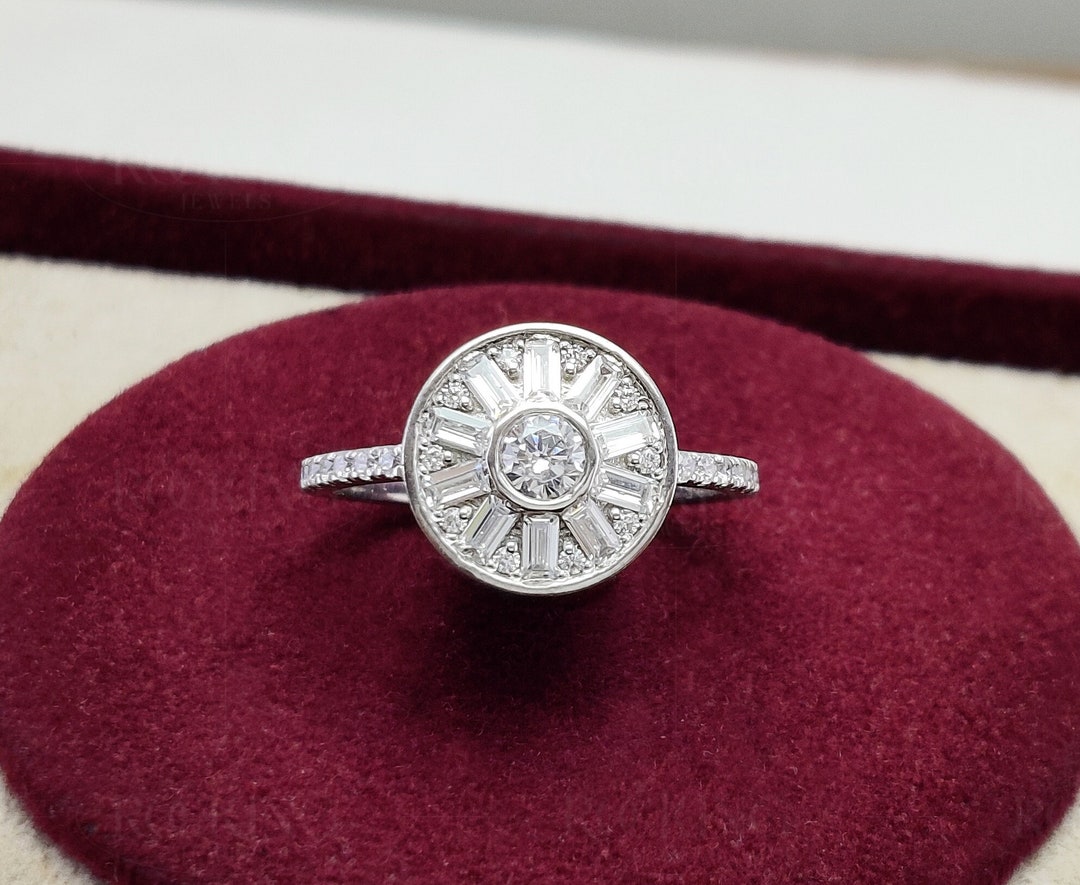 Baguette and Round Cluster CZ Diamond Ring, Unique Multi Stone ...