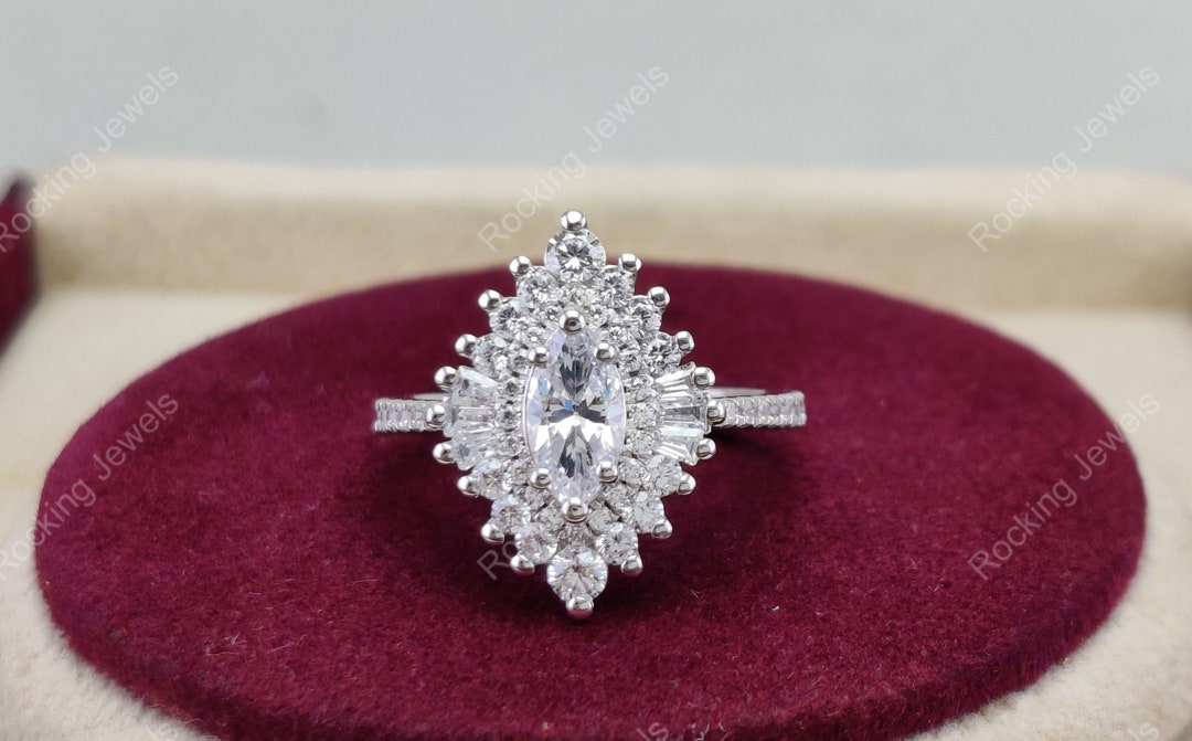 Art Deco Moissanite Engagement Ring, Gold Starburst Halo, Vintage ...