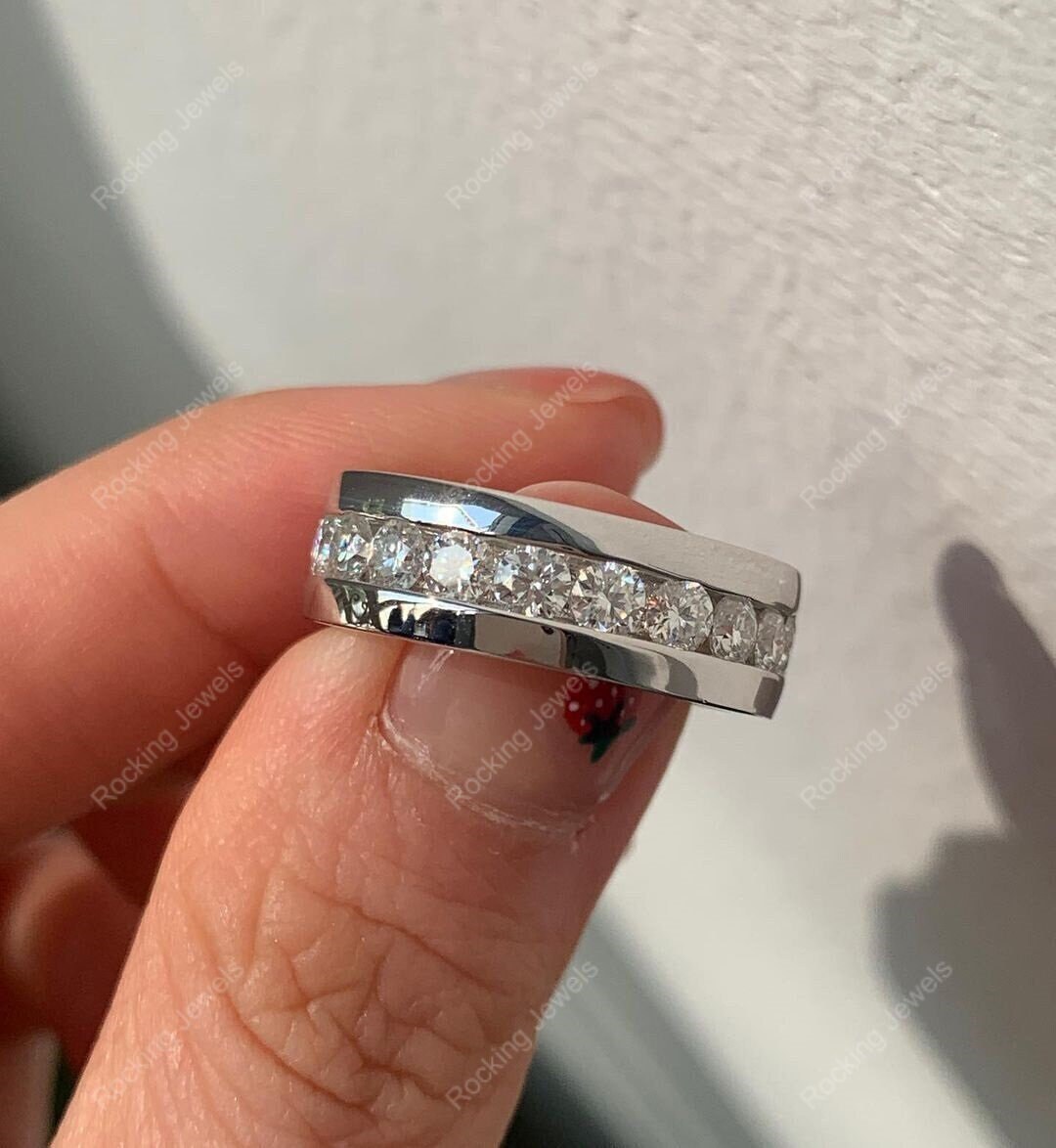 Solid Gold Mens Moissanite Ring, Mens Moissanite Wedding Band, Channel Set Half Eternity Ring ...