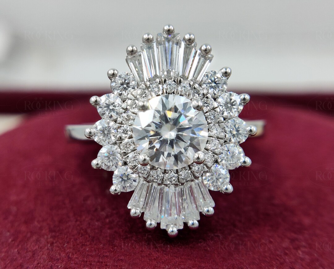 Unique Vintage Starburst Engagement Ring, Moissanite Diamond Gatsby ...