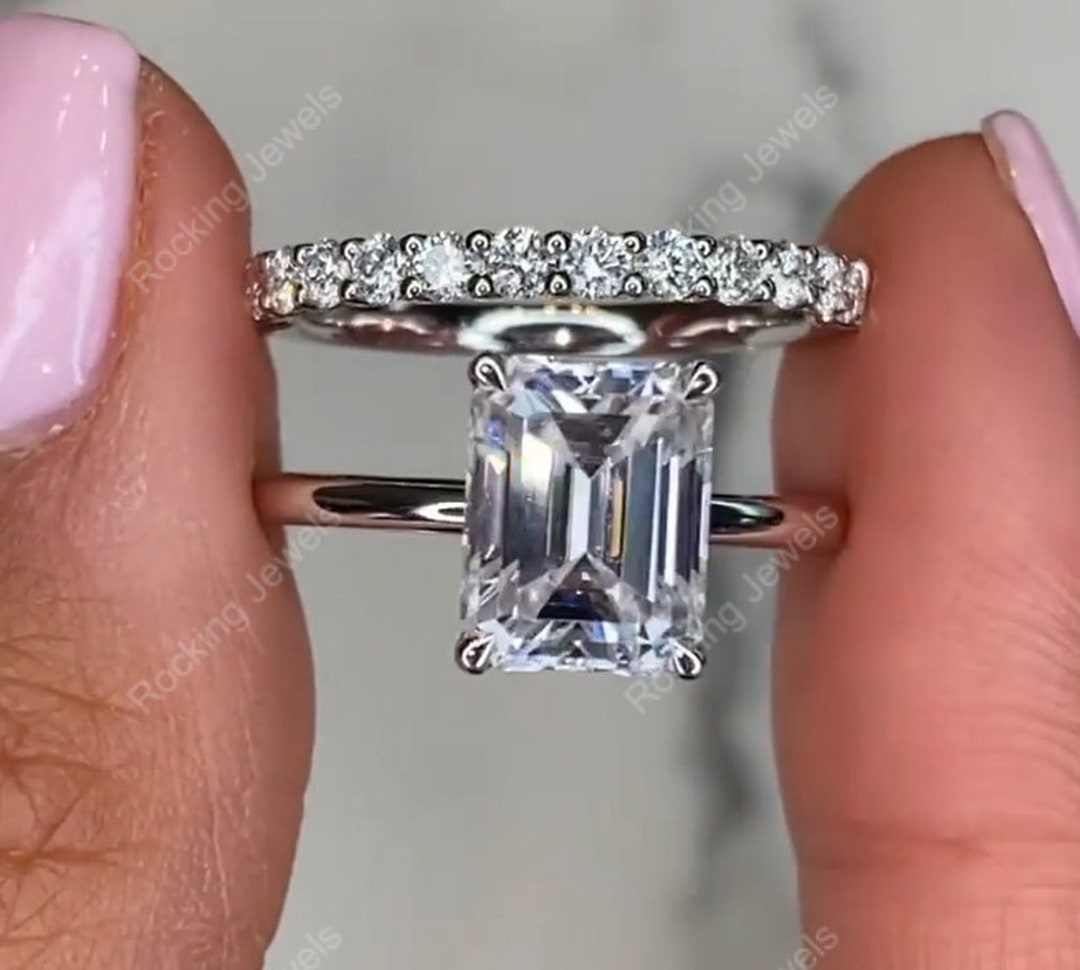 Emerald Cut Moissanite Engagement Ring Set, Solitaire Wedding Ring Sets for Women, Unique ...