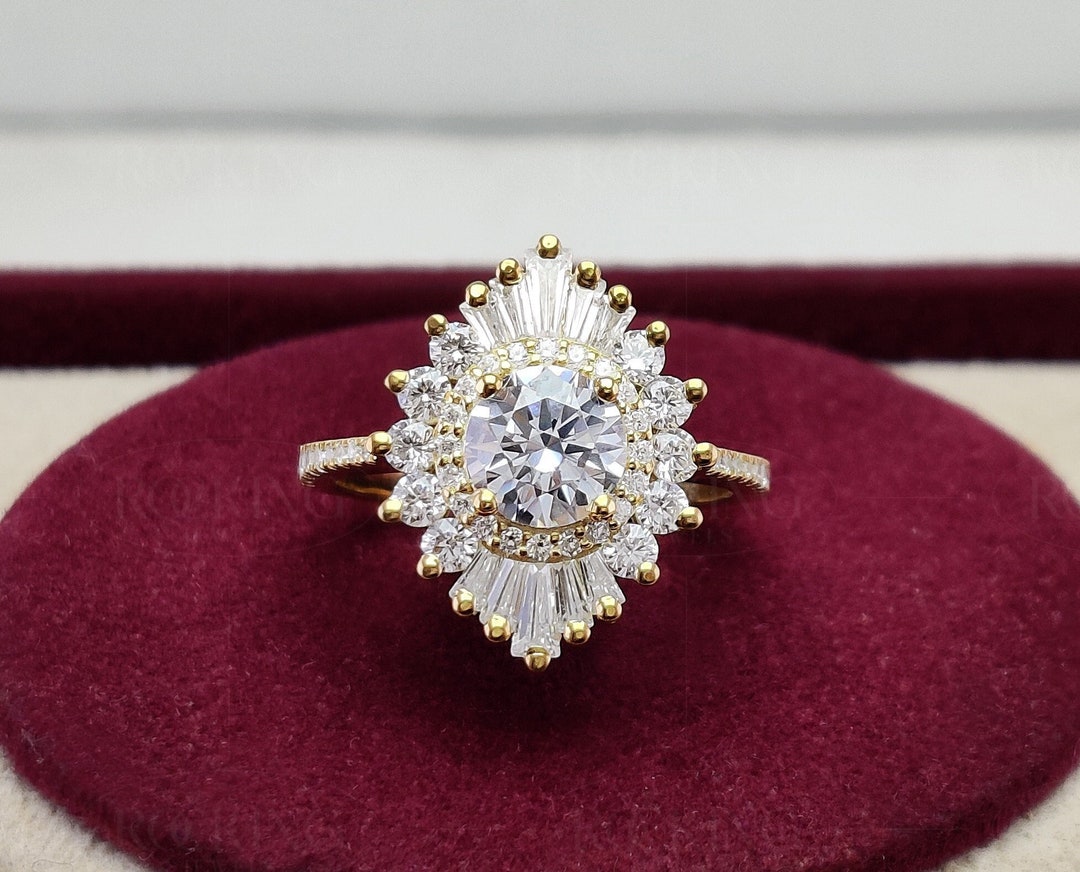 14K Gold Gatsby Engagement Ring, Starburst CZ Diamond, Art Deco Ring - Etsy