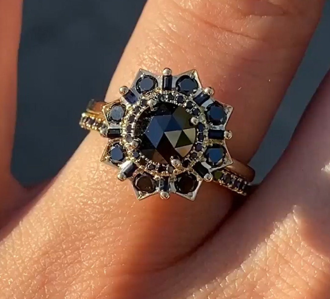 Black Diamond Wedding Ring Set, Black Onyx Engagement Ring Set, Art ...