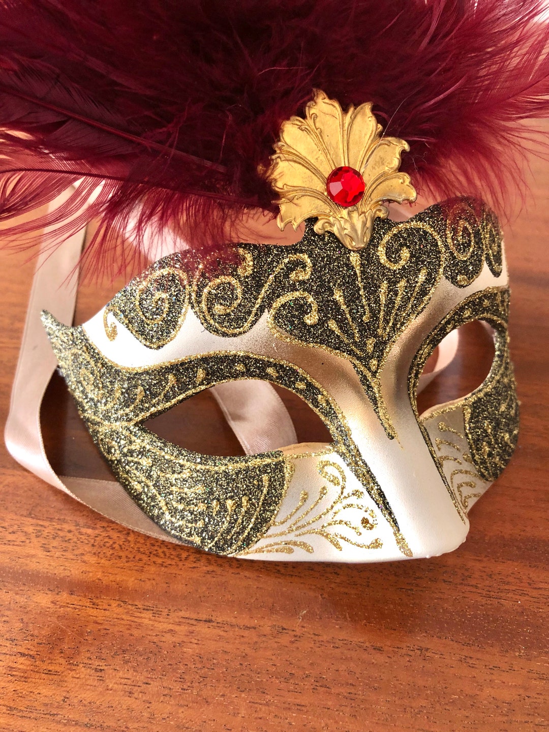 Vintage Red and Gold MASQUERADE Mask Hand-painted Feathers Made in ...