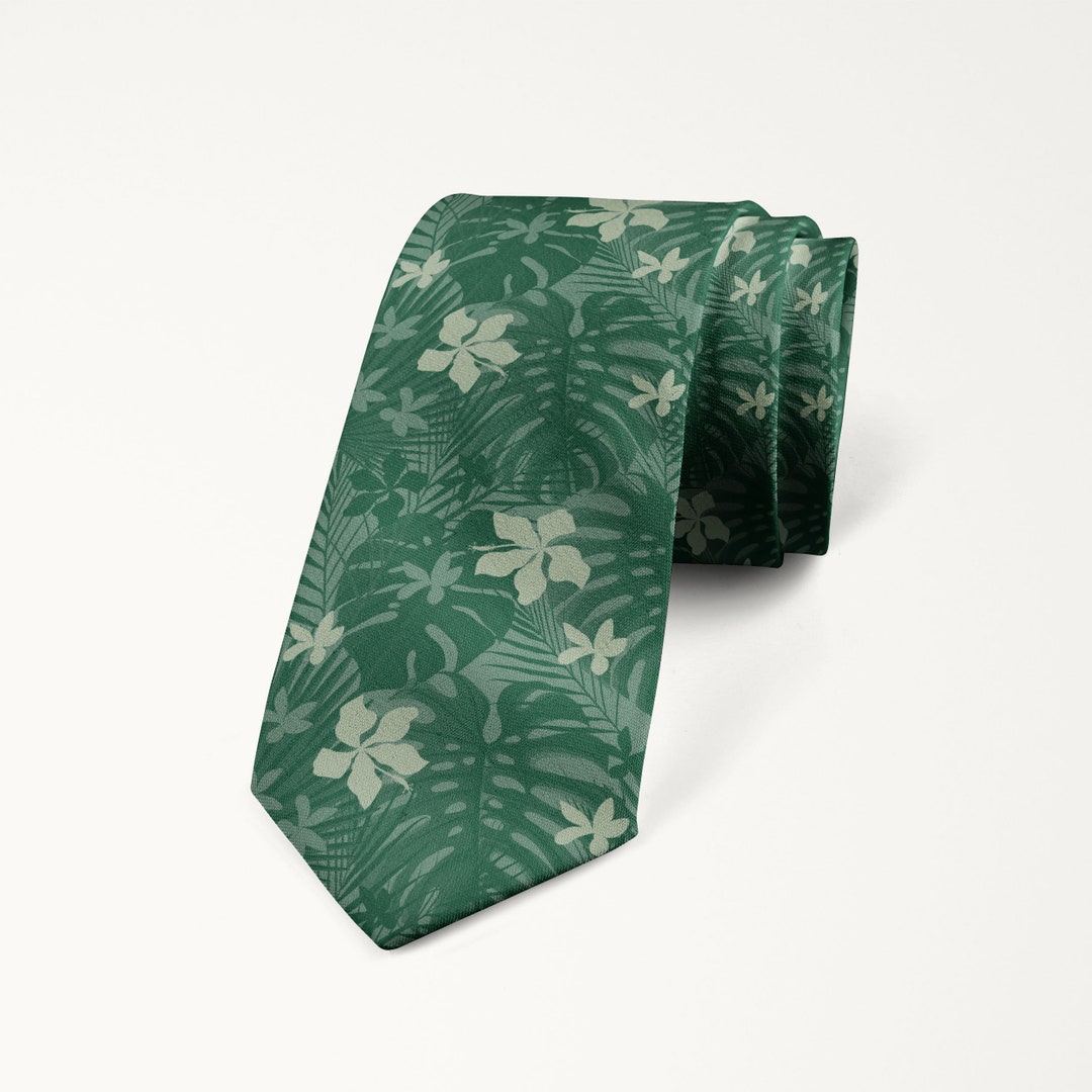 Tropical Palm Leaves Print Tie, Dark Green Eucalyptus Floral Tie ...