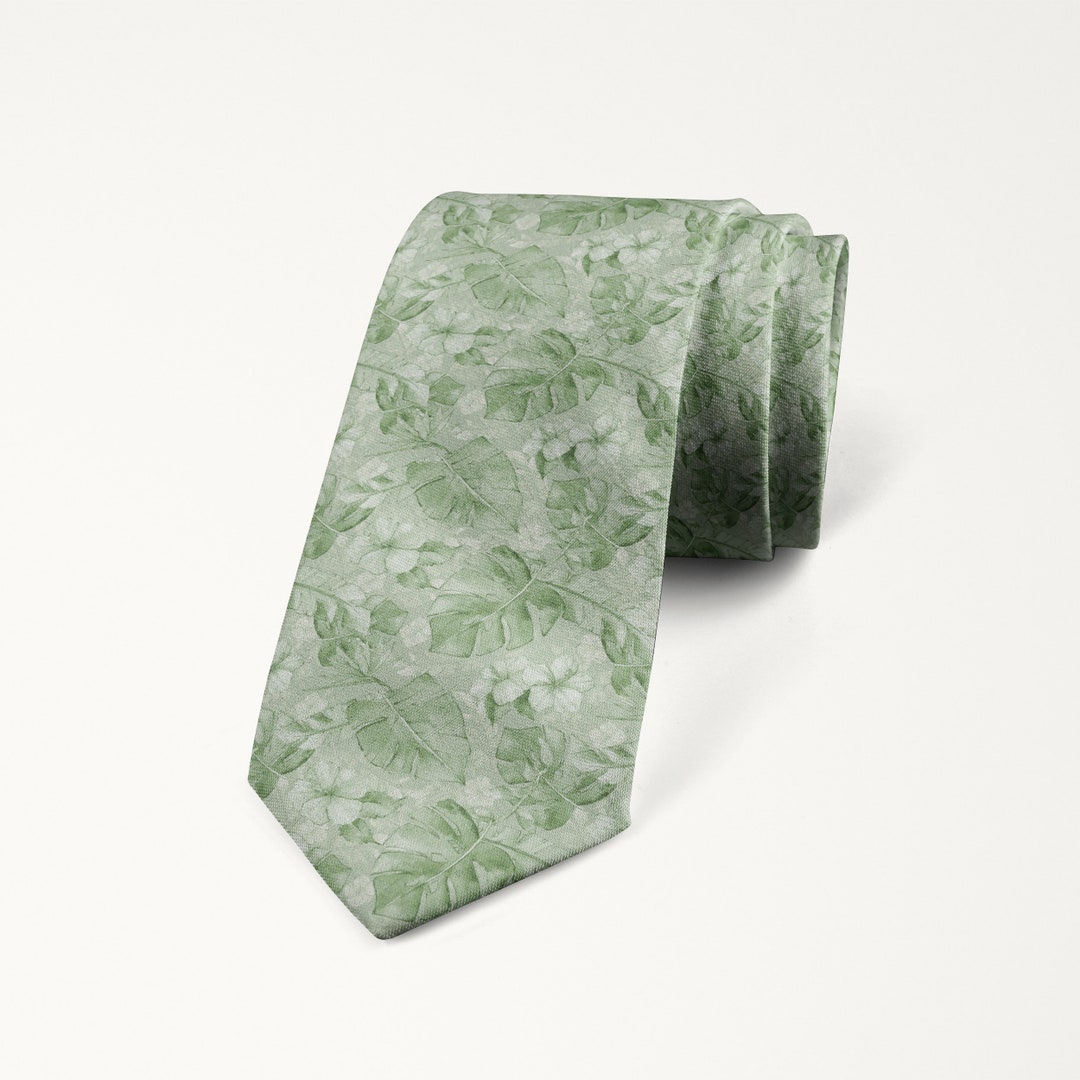 Light Dusty Sage Tropical Tie, Palm Leaves Pattern Necktie, Hawaii ...