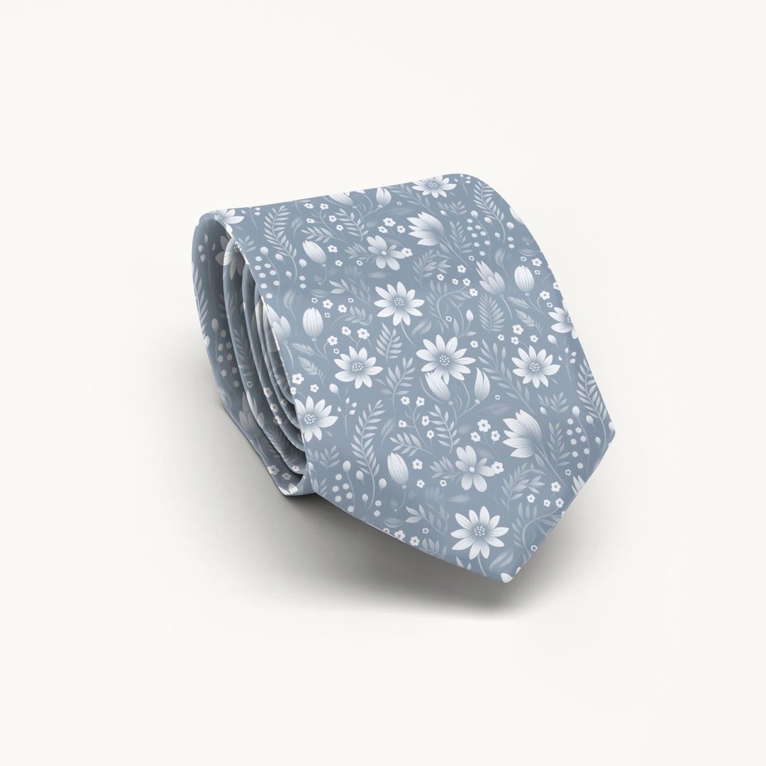 Dusty Blue Wild Flowers Tie, Floral Wedding Necktie, Groom and ...