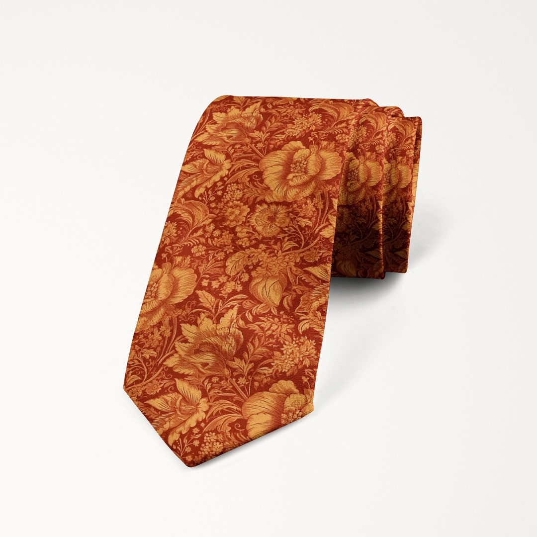 Burnt Orange Floral Tie, Rust Wedding Tie, Cinnamon Floral Necktie ...