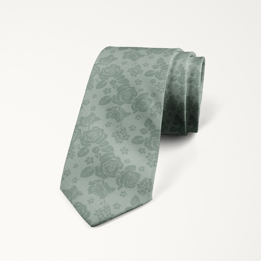Dusty Sage Roses Floral Tie, Sage Green Wedding Tie, Groomsmen Neck Tie ...