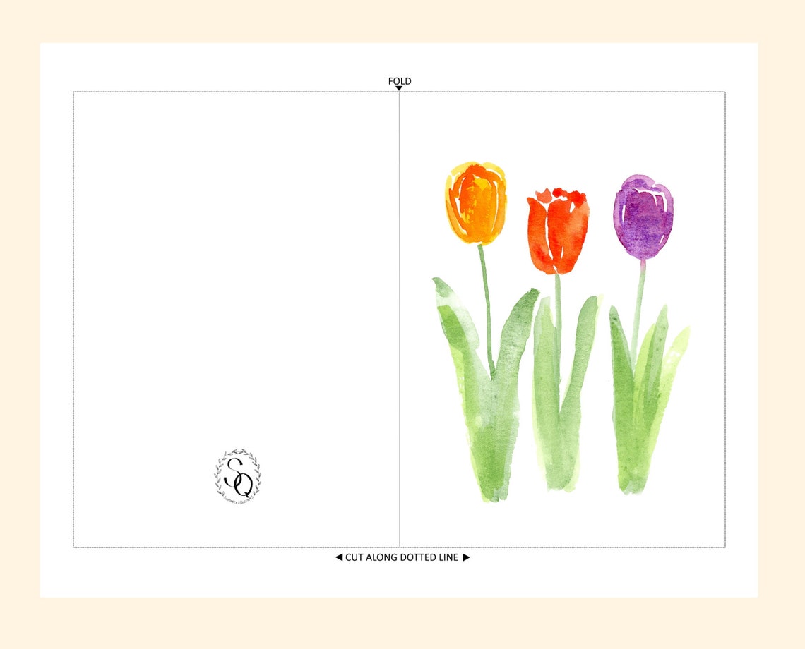 Printable Card, Watercolor Tulips, Spring Flowers, Card Download ...