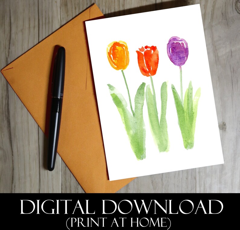 Printable Card, Watercolor Tulips, Spring Flowers, Card Download ...