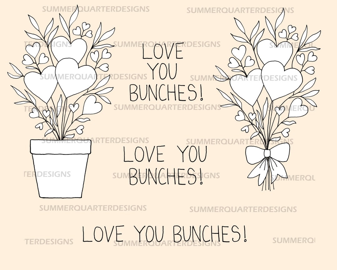 Love You Bunches Digital Stamp, Bouquet of Hearts, Valentine's Day ...