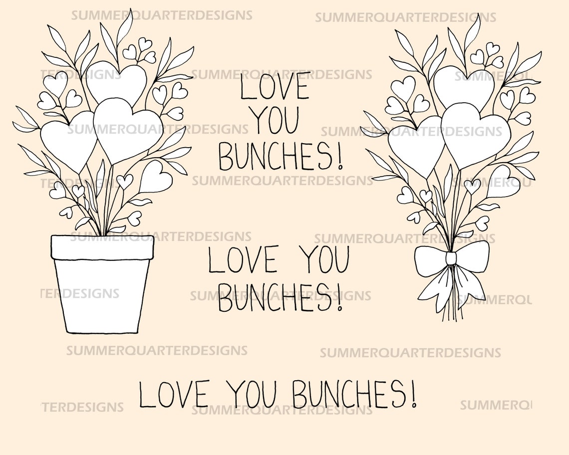 Love You Bunches Digital Stamp, Bouquet of Hearts, Valentine's Day ...