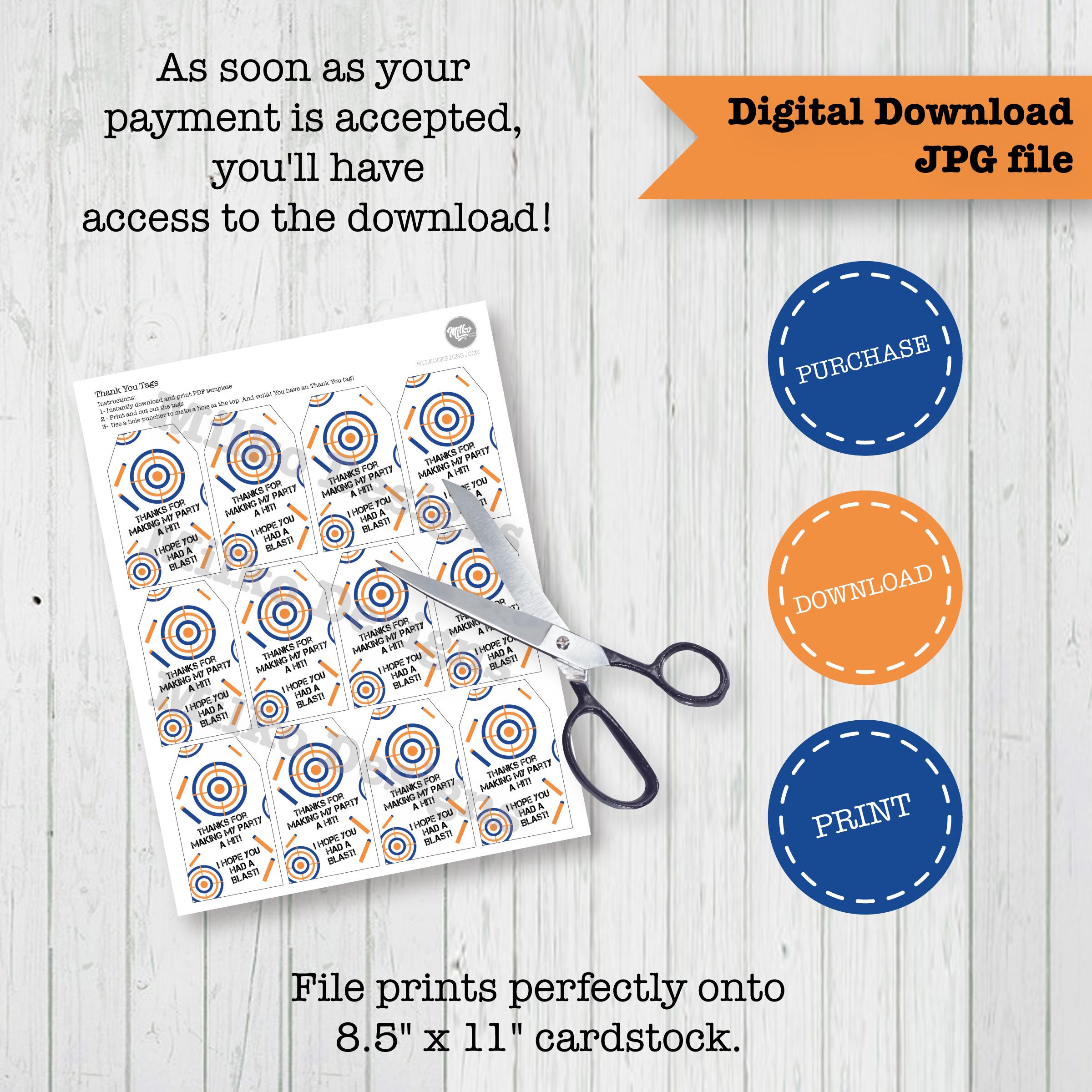 Dart Gun Birthday Favor Tags - Thank You Tag - Gift Party Kids Birthday ...